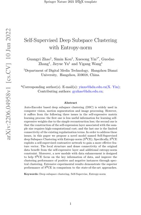 Pdf Self Supervised Deep Subspace Clustering With Entropy Norm