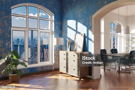 아치형 창문과 미니멀한 인테리어 거실 디자인을 갖춘 고급스러운 로프트 아파트 3d 일러스트레이션 0명에 대한 스톡 사진 및 기타 이미지 Istock