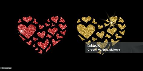 흰색 배경에 빛나는 골드와 하트의 붉은 창조적 아이콘을 설정합니다 발렌타인 데이 어린이 결혼식 초대장 브랜딩 로고 라벨 벡터 일러스트레이션 0명에 대한 스톡 벡터 아트 및