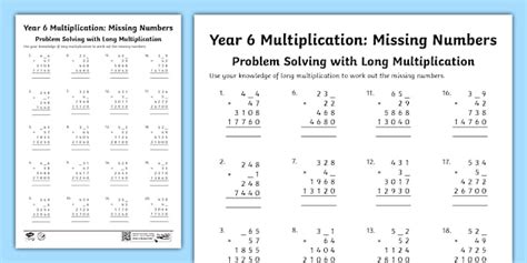 Year 6 Long Multiplication Missing Numbers Activity