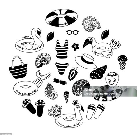Ute 여름 낙서 스타일 디자인 요소 세트 수영 서클 수영복 슬리퍼 모자 해변 가방 조개껍데기 흑백 선형 스타일의 아이스크림의 벡터 삽화 검은색에 대한 스톡 벡터 아트 및