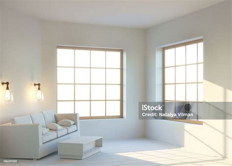 벽에 서 흰색 소파와 빈 밝은 방 3d 렌더링 0명에 대한 스톡 사진 및 기타 이미지 0명 3차원 형태 가구 Istock
