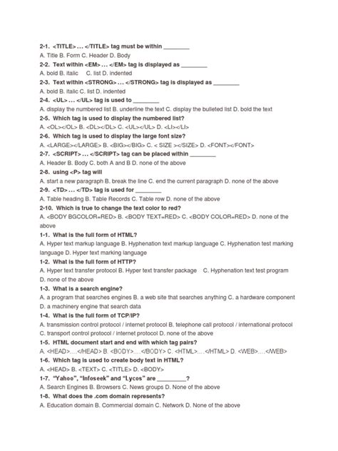 Html Multiple Choice Questions Pdf Html Html Element