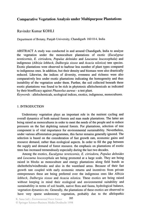 Pdf Comparative Vegetation Analysis Under Multipurpose Plantations