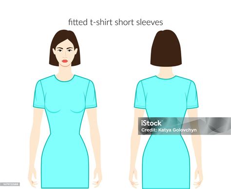 핏 티셔츠 소매 짧은 길이 옷 캐릭터 아름 다운 아가씨 아쿠아 탑 셔츠 드레스 테크니컬 패션 일러스트 맞는 몸매 플랫 의류 템플릿 앞면 뒷면 여성 남성 Cad 모형 T