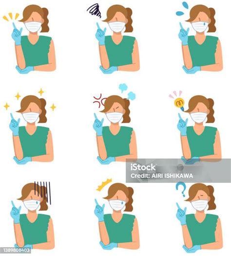 마스크를 쓰고 포니테일을 입은 여성의 일러스트레이션의 다양한 표현세트 긴급 개념에 대한 스톡 벡터 아트 및 기타 이미지 긴급