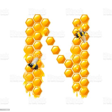蜂窩字母 N 與蜂蜜滴和蜜蜂平面向量插圖隔離在白色背景上向量圖形及更多六角形圖片 六角形 剪裁圖 即食口糧 Istock