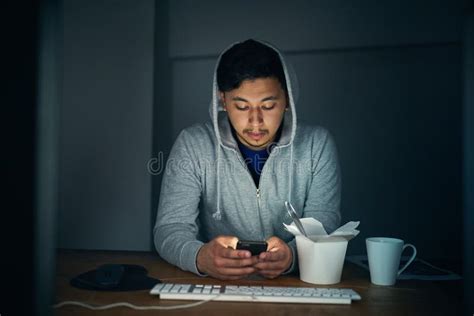 Phone Text Computer And Takeaway At Night With Man And Coding Work With Social Media Break