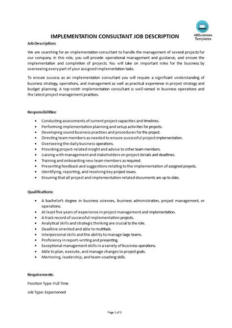 Kostenloses Implementation Consultant Job Description