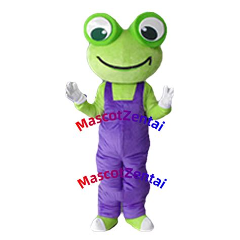 Green Frog Wearing Blue Overalls Mascot Costume