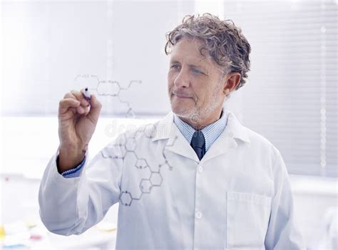 Man Research And Molecule With Glass Wall Writing And Solution With