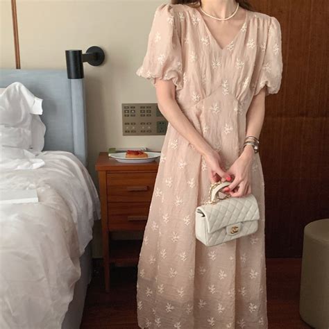 브이넥 플라워 자수 퍼프 슬리브 여름 롱원피스 Ac50987