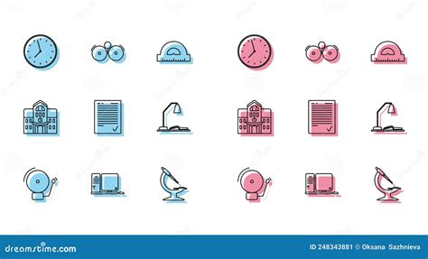 Set Line Ringing Alarm Bell Computer Monitor With Keyboard And Mouse Clock Microscope Exam