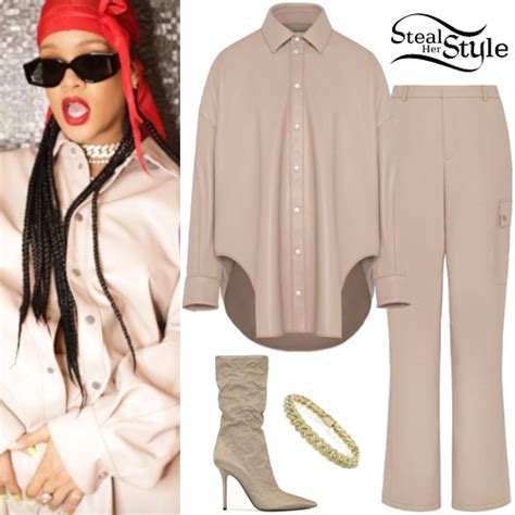 Rihanna Beige Leather Shirt And Pants