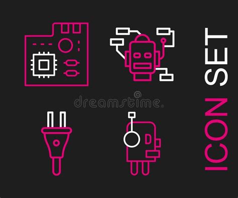 Set Line Robot Electric Plug And Motherboard Digital Chip Icon Vector Stock Illustration