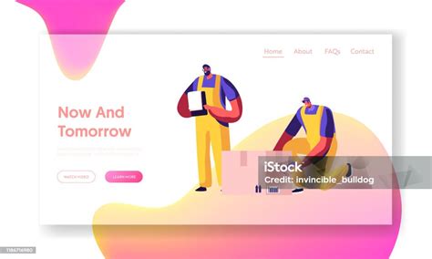 물류 및 운송 상품 서비스 웹 사이트 방문 페이지 창고 작업자가 화물 상자에서 바코드를 스캔하고 메모장 웹 페이지 배너에 정보를 서명합니다 만화 플랫 벡터 일러스트 바코드에