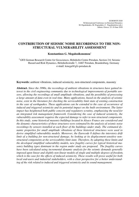 Pdf Contribution Of Seismic Noise Recordings To The Non Structural Vulnerability Assessment