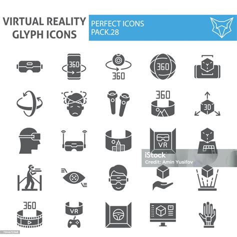 가상 현실 그림 아이콘 세트 증강 현실 기호 컬렉션 벡터 스케치 로고 일러스트 게임 시뮬레이션 표지판 흰색 배경에 고립 된 고체 픽토그램 패키지 10에 대한 스톡 벡터 아트