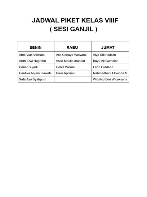 Jadwal Piket Kelas Viiif Pdf