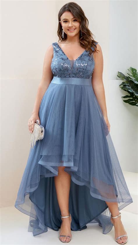 Plus Size Sequin High Low Deep V Neck Tulle Evening Dresses Evening