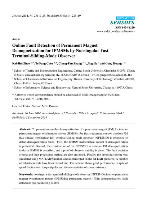 Pdf Online Fault Detection Of Permanent Magnet Demagnetization For Ipmsms By Nonsingular Fast