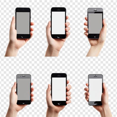 6개의 손이 검은색 스마트폰과 빈 화면을 들고 있으며 사용자 인터페이스 Ui 및 사용자 경험 Ux 디자인을 위한 모바일 앱 디자인 또는 모 템플릿을 보여준다 Ai