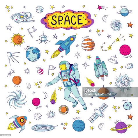 낙서 공간 코스모스 유행 아이 패턴 손으로 그려진 로켓 Ufo 우주 유성 행성 그래픽 요소 벡터 천문학 세트 개체 그룹에 대한 스톡 벡터 아트 및 기타 이미지 Istock