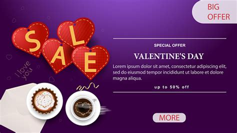 배너 판매 스페셜 제공 최대 50 해피 발렌타인 데이 텍스트 컵 케이크와 커피 컵 에 대 한 공간 우편 봉투 하트 상단 보기