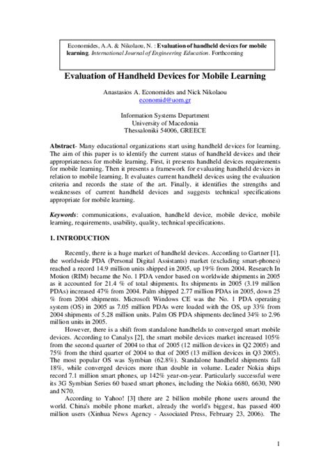 Pdf Evaluation Of Handheld Devices For Mobile Learning