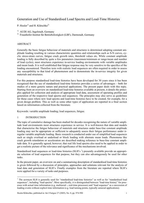 Pdf Generation And Use Of Standardised Load Spectra And Load Time Histories