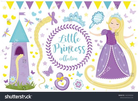 Cute Little Princess Rapunzel Set Objects Stock Vector Royalty Free