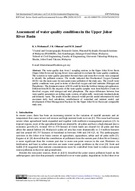 Pdf Assessment Of Water Quality Conditions In The Upper Johor River Basin Ilya Othman