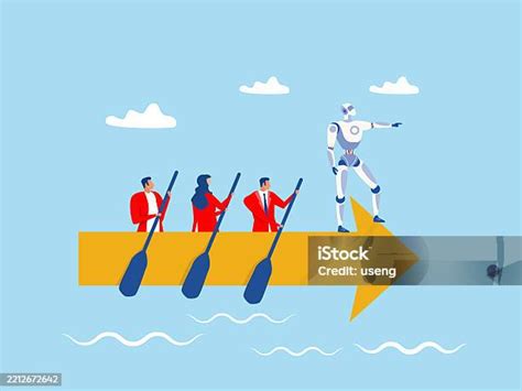 인공 지능 올바른 방향 관리자 리드 사람들 팀워크 항해 화살표 팀을 올바른 방향으로 이끄는 리더십 팀이 개념 벡터를 발전시키도록 동기를 부여합니다 개발에 대한 스톡 벡터