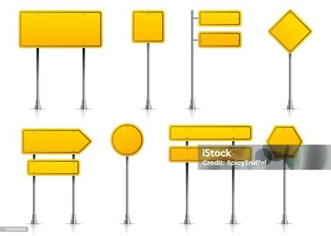 도로 노란색 기호 극에 현실적인 고속도로 간판 3d 길가 포인터 빈 표지판의 격리된 유형입니다 교통 규제를 위한 가이드포스트 설정입니다 복사 공간이 있는 벡터 간판 3차원
