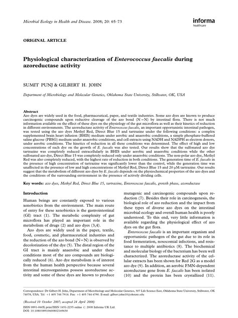 Pdf Physiological Characterization Of Enterococcus Faecalis During Azoreductase Activity
