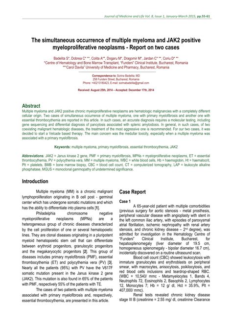 Pdf The Simultaneous Occurrence Of Multiple Myeloma And Jak2 Positive