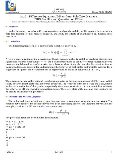 Lab 3 Difference Equations Z Transform Pole Zero Diagrams Bibo