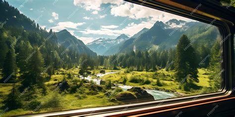 기차 창밖으로 보이는 산골짜기 기차창에서 보이는 창밖 풍경 프리미엄 사진