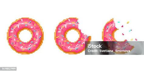 전체 도넛과 분홍색 유약으로 반쯤 먹은 도넛 벡터 모자이크 픽셀 아트 일러스트 레이 션 시식에 대한 스톡 벡터 아트 및 기타 이미지 시식 픽셀 아트 개체 그룹