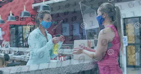 Image Of Binary Coding Over Caucasian Female Worker With Face Mask