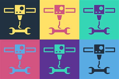 팝 아트 3d 프린터 렌치 스패너 아이콘은 컬러 배경에 고립되어 있습니다 3d 프린팅 벡터 3차원 형태에 대한 스톡 벡터 아트