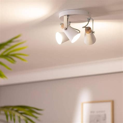 Plafonnier Rond Orientable Métal Et Bois Mara 3 Spots Blanc