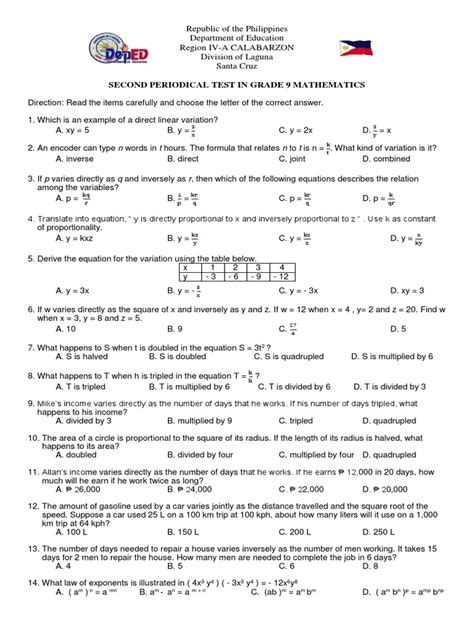 Grade 9 Math Test Questions Pdf Exponentiation Equations
