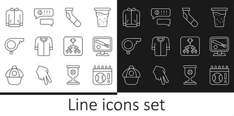 야구 경기 모니터 야구 양말 티셔츠 호루라기 챔피언십 토너먼트 브래킷 및 말풍선 채팅 아이콘으로 라인 캘린더를 설정합니다 벡터