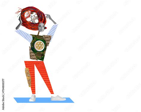 Modern Aesthetic Artwork Robotic Human With Hairstyle Made Of Wires Instead Of Hair Dressed In