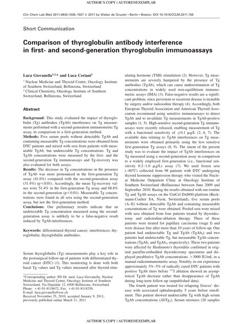 Pdf Comparison Of Thyroglobulin Antibody Interference In First And Second Generation