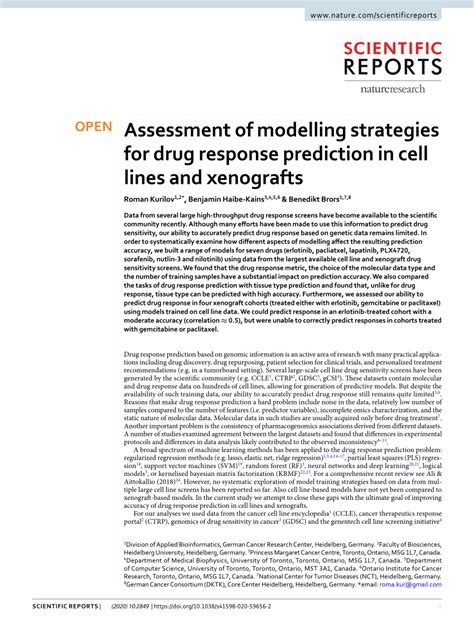 Pdf Assessment Of Modelling Strategies For Drug Response Prediction In Cell Lines And Xenografts