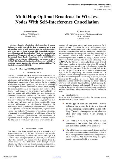 Pdf Ijert Multi Hop Optimal Broadcast In Wireless Nodes With Self Interference Cancellation