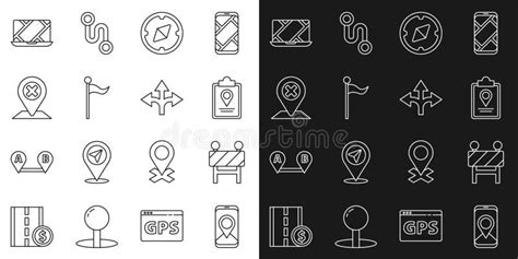 Set Line City Map Navigation Road Barrier Folded With Location Marker Compass Location And