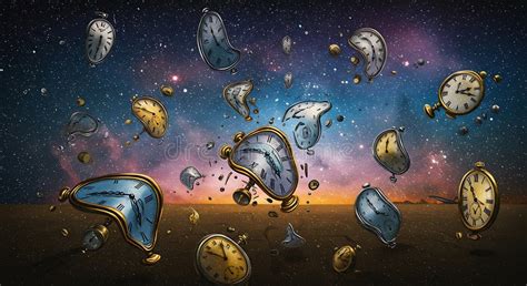 Surreal Art Depicting Various Melting Clocks With Gold Frames Floating